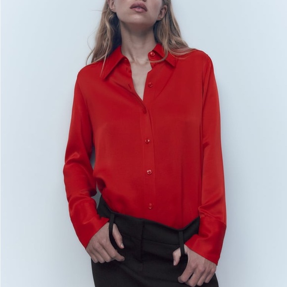 Zara | Tops | Zara Red Satin Effect Shirt | Poshmark